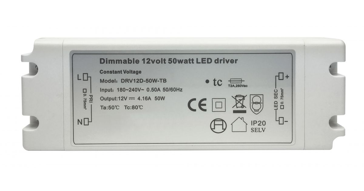 DRV12D-50W-TB: 12v, 50w Mains Dimmable LED Driver, terminal