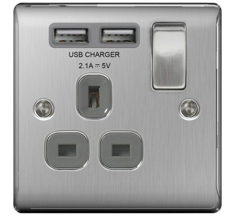NBS21U2G: 13A Metal Socket, Nexus, 2 Pole, USB, Brushed