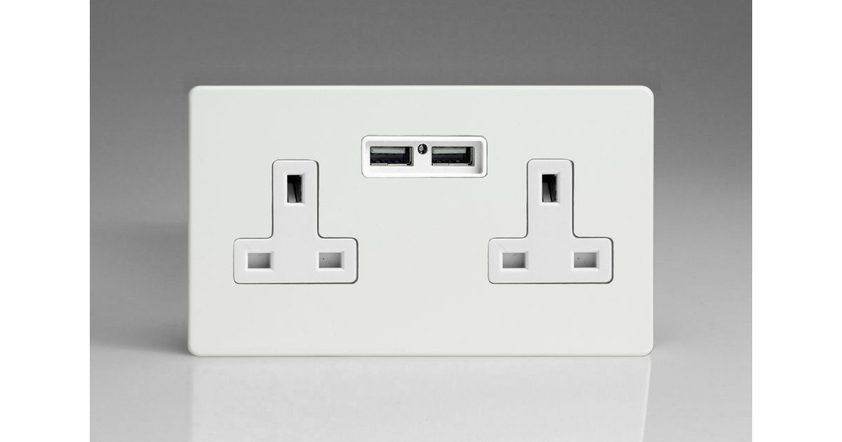 XDQ5U2WS: 13A Socket + USB, 2-gang, screwless premium white