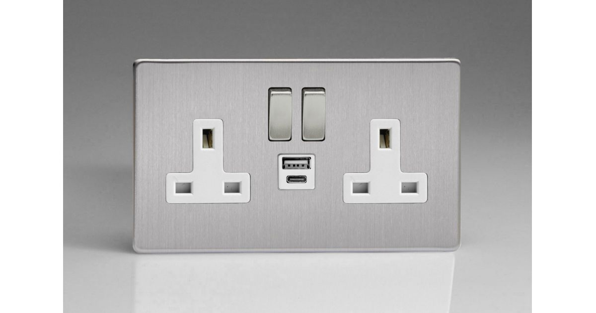 XDS5UACWS: 13A Socket + USB, 2-Gang, 1 Pole, Screwless