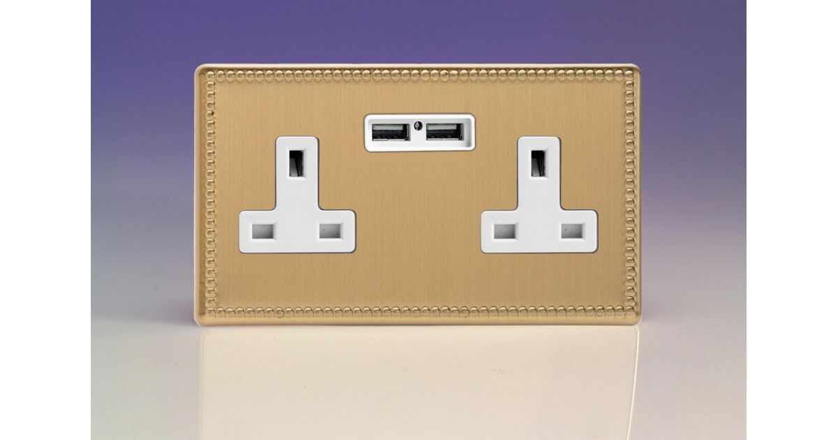 XDY5U2WS.JB: 13A Socket + USB, 2-gang, jubilee brushed brass