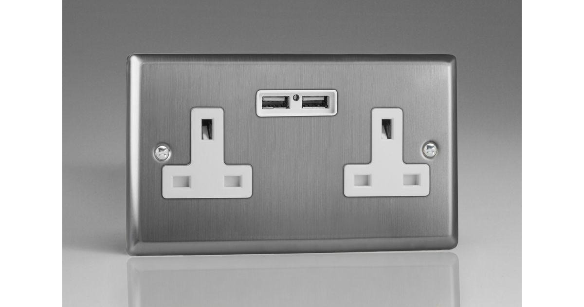 XT5U2W: 13A Socket + USB, 2-Gang, Classic Brushed Steel