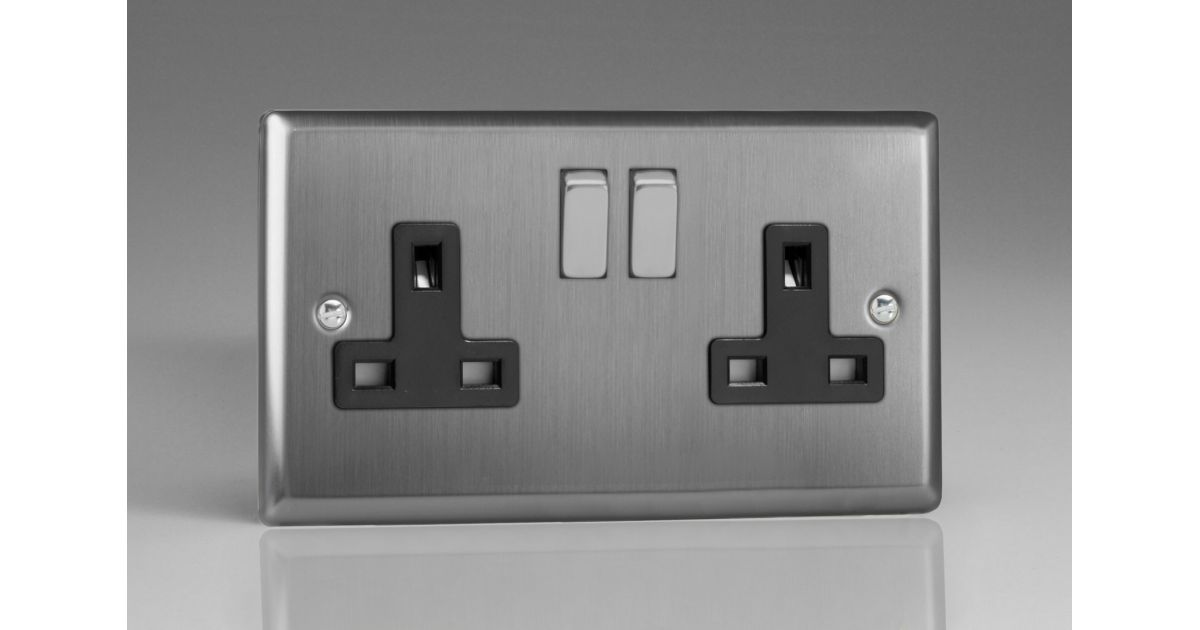 XT5DB: 13A Socket, 2-Gang, 2 Pole, Classic Brushed Steel