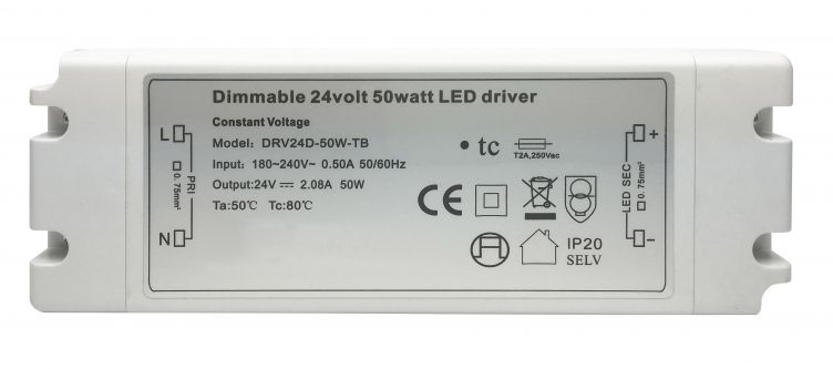 DRV24D-50W-TB: 24v, 50w Mains Dimmable LED Driver, terminal