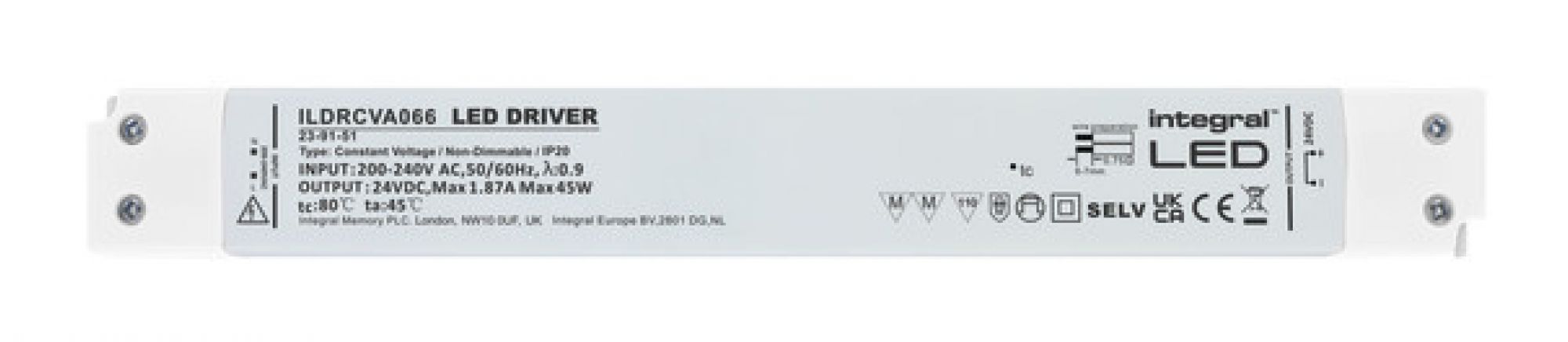 ILDRCVA066: 24v LED Driver 45w, Long & Slim, Screw Terminals