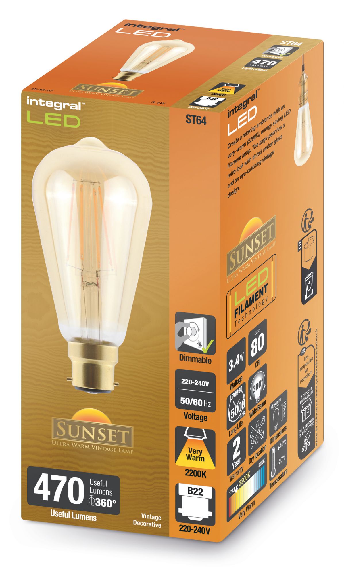 ILST64B22D005: 3.4w Sunset Vintage Filament ST64 LED Bulb
