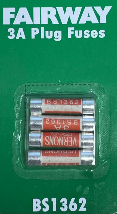 F03FW: 4 x 3A Plug Top Fuses, BS1362 : Fairway - from £0.65