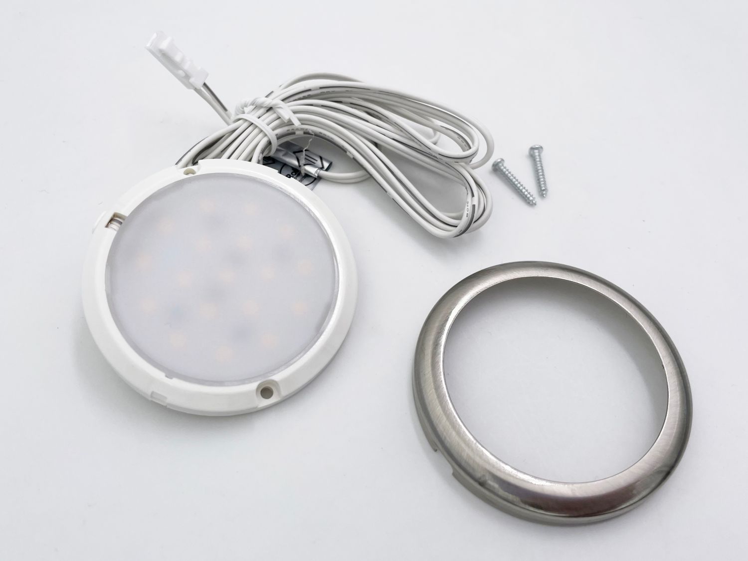 DLF-RND-3K: Flat 12v LED Light, Round, Satin Silver, 3000K