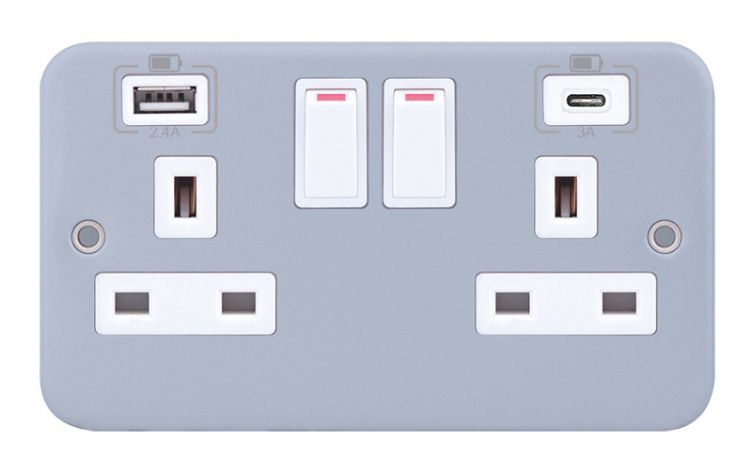 LG9102MB-USB: Metal Clad Double Socket With USB, USB A & C