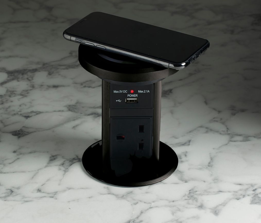POW-6M1-B: Motorised Pop-Up Socket Power Port, QI & 2x USB
