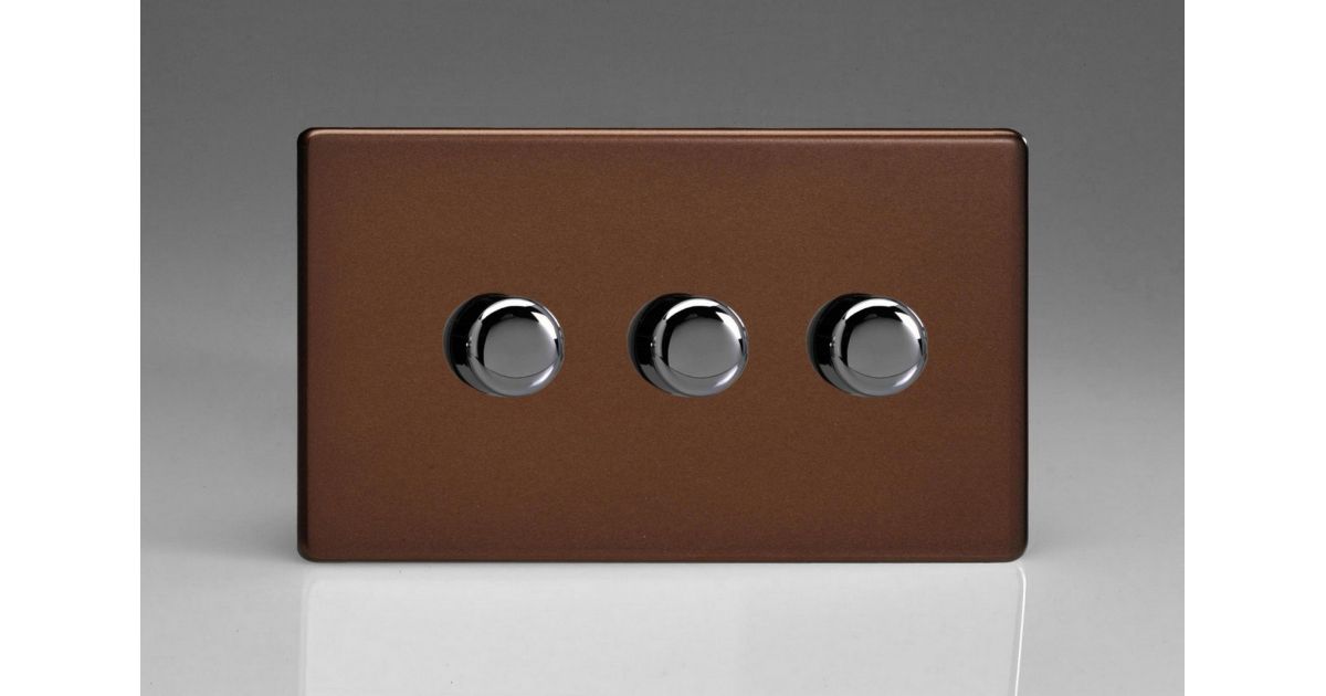 JDMDP303S: V-Pro Dimmer, screwless mocha, 120w max, 3-gang